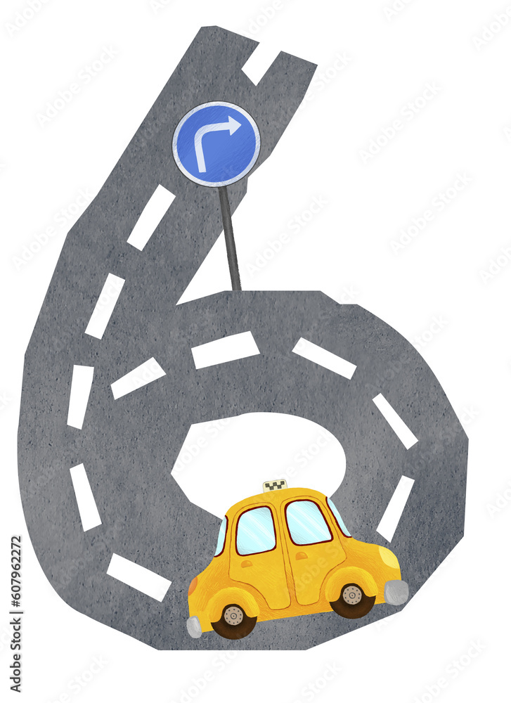 Number six (6) road and cars children illustration. Isolated on ...