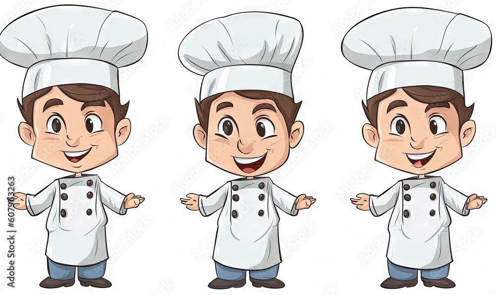 a cartoon character with three different poses of a chef wearing a chef ...
