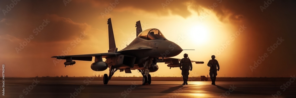 sunset backlit view of military fighter jet pilot beside parked ...