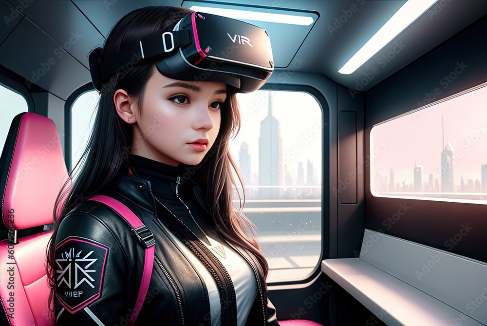 Young woman ride on futuristic car with vr glasses simulator enjoy ...