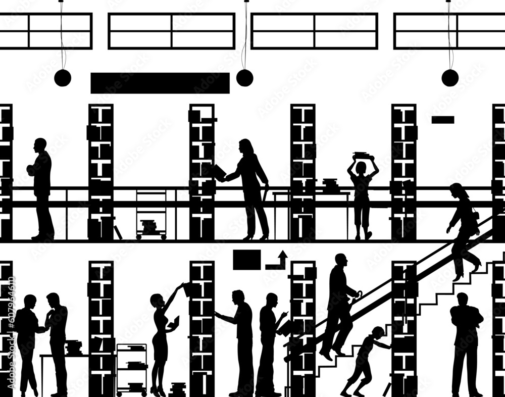 Editable vector silhouette of people in a library with all elements as ...