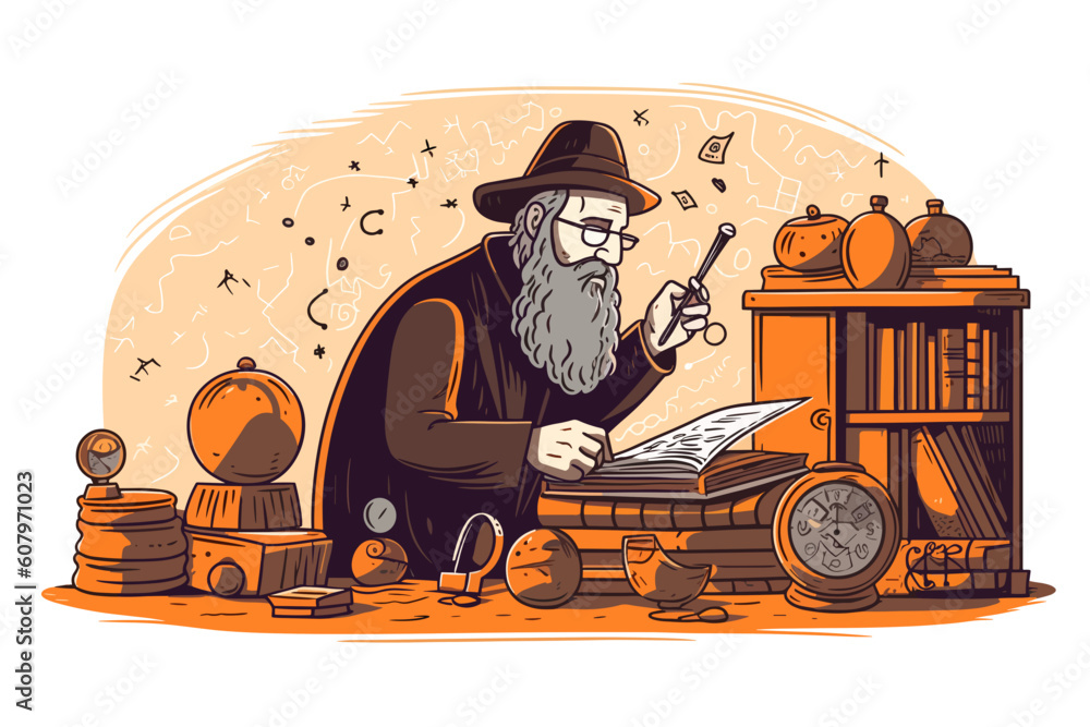 Doodle inspired Historian studying artifacts, cartoon sticker, sketch ...
