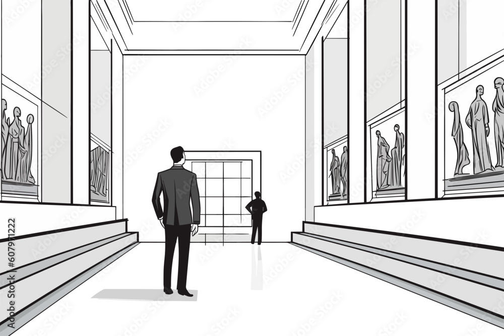 Doodle inspired Historian visiting a museum, cartoon sticker, sketch ...