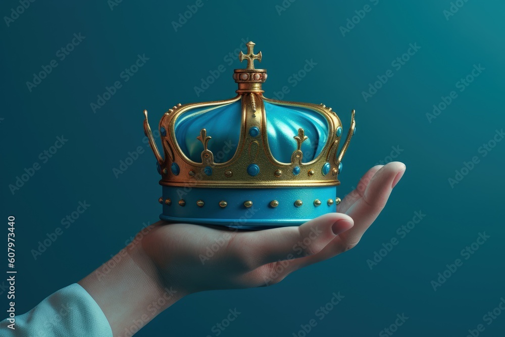 Hand holding golden crown on blue background, King crown, Generative AI ...