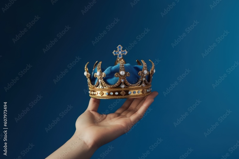 Hand holding golden crown on blue background, King crown, Generative AI ...