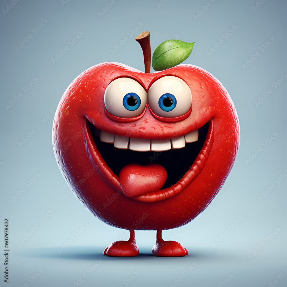 ภาพประกอบสต็อก Funny cartoon apple with a huge smile isolated on light ...
