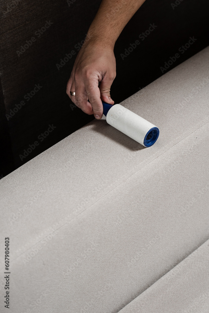 Process of cleaning couch using lint roller from cat and dog hair ...