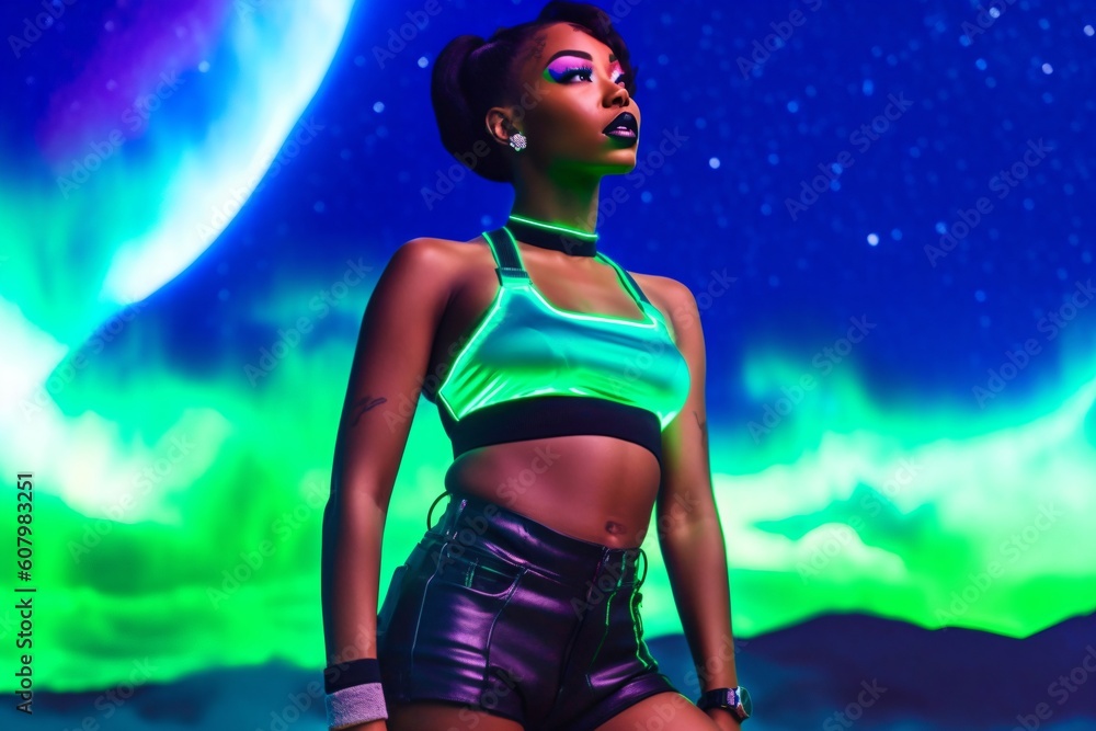 Beautiful Young Woman In Skimpy Outfit In Front Of A Night Sky With Green Lights Created With
