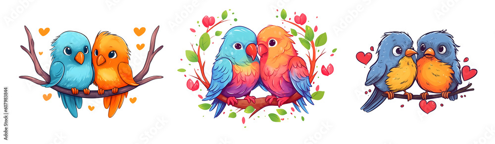 collection of drawings of birds in love on a transparent background ...