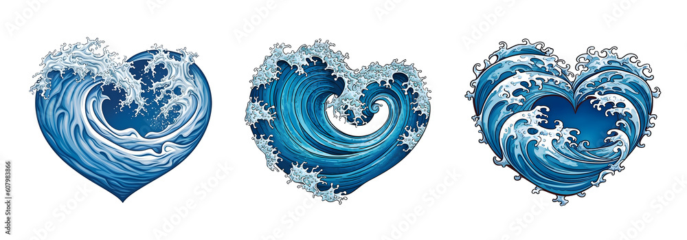 ocean hearts water pattern collection, heart shaped sea waves on transparent background ...