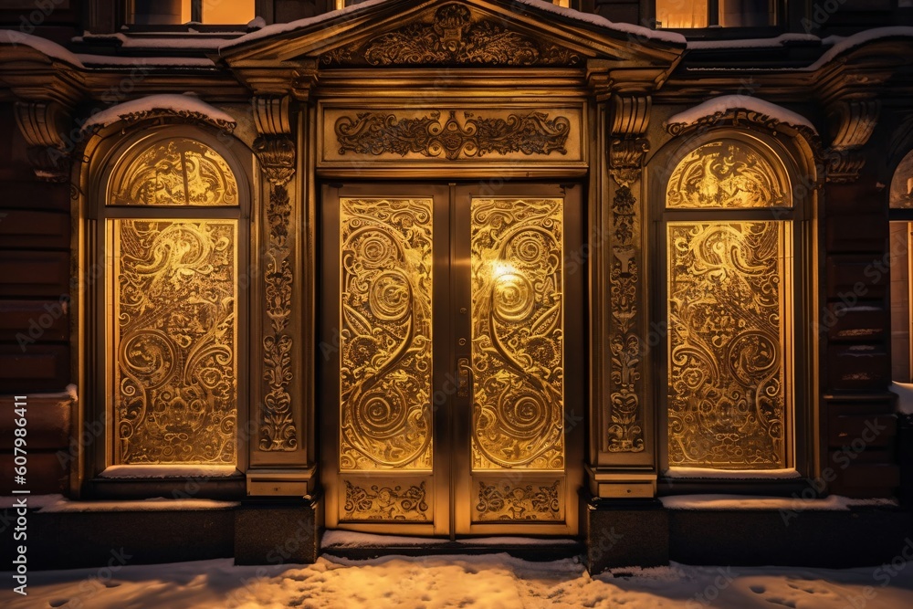 golden door with ornate decorations and golden round arched windows ...