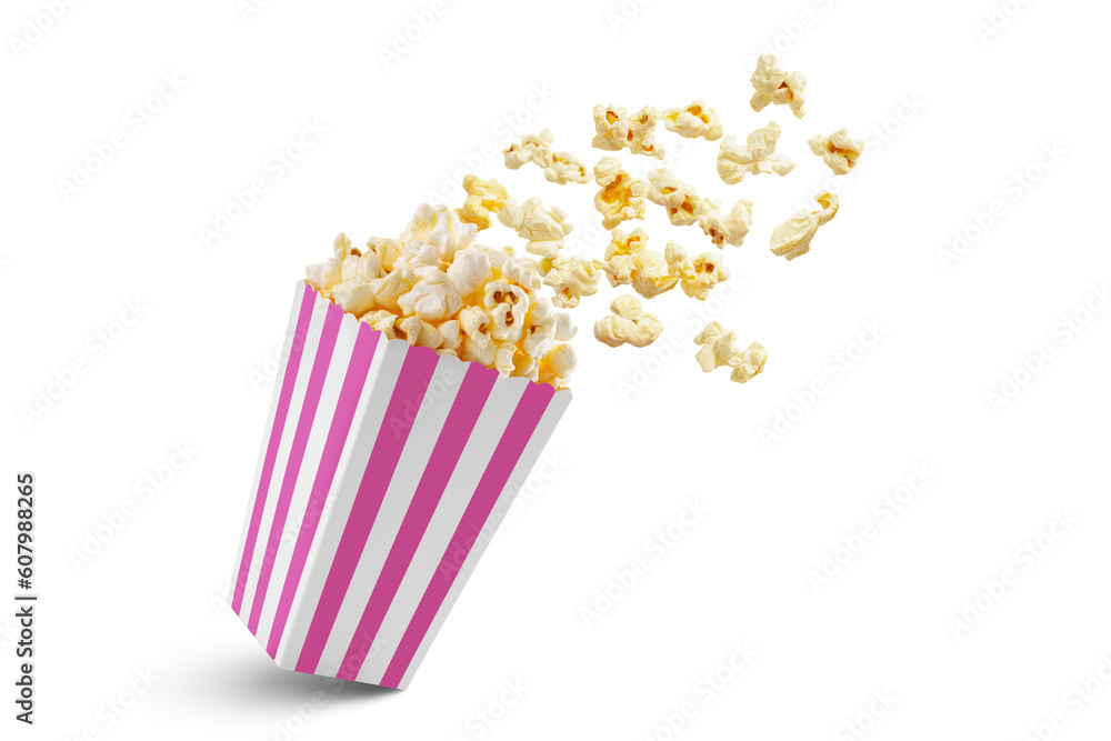 Popcorn flying out of pink white striped paper box isolated on white ...