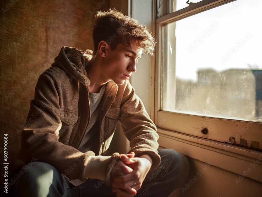 Photo of a teenage boy sitting by a window. The composition emphasizes ...