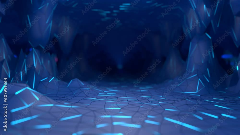 Grid background. Camera movement through mountains, caves. Looped ...