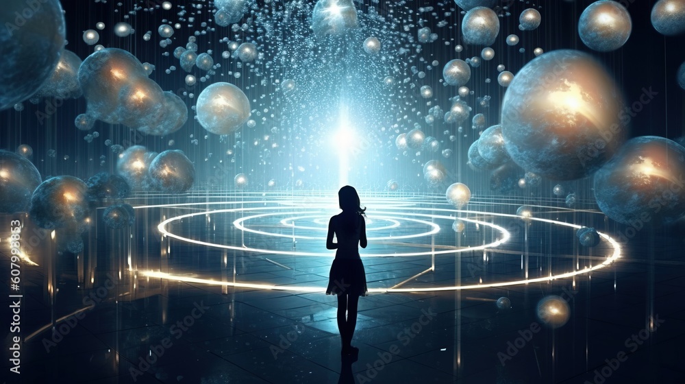 a woman standing in front of a circle of lights. Generative AI Art ...