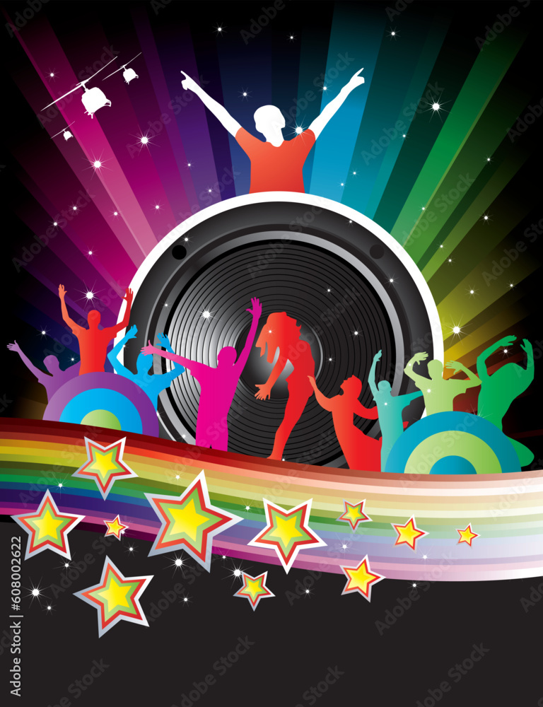 rainbow background with crazy dj and dancers Stock Vector | Adobe Stock
