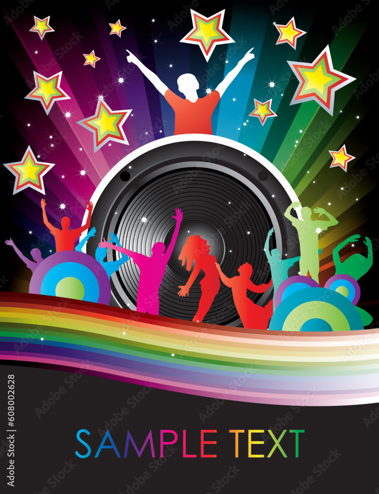 rainbow background with crazy dj and dancers Stock Vector | Adobe Stock