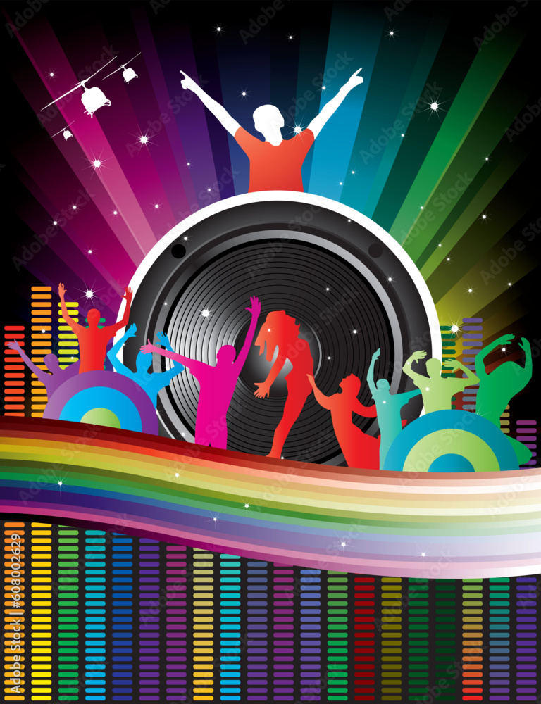 rainbow background with crazy dj and dancers equalizer for flyers Stock ...