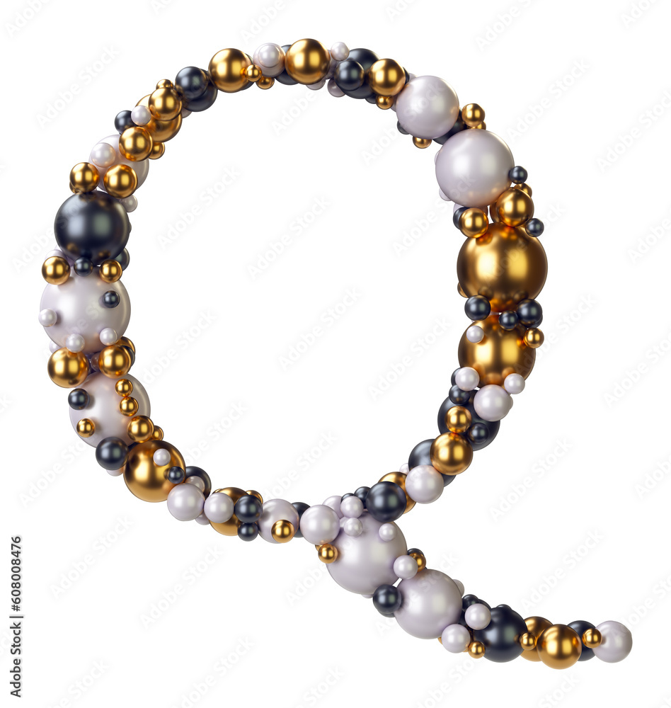 Letter Q of jewelry balls in black and yellow gold and pearls. Alphabet ...