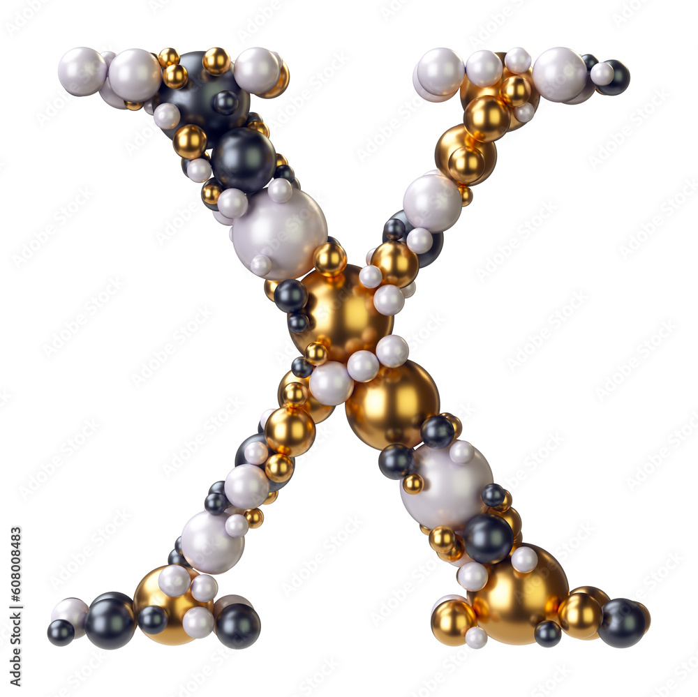 Letter X of jewelry balls in black and yellow gold and pearls. Alphabet ...