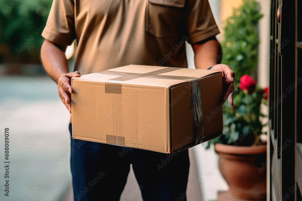 Photo & Art Print A parcel carrier brings a parcel to a front door ...