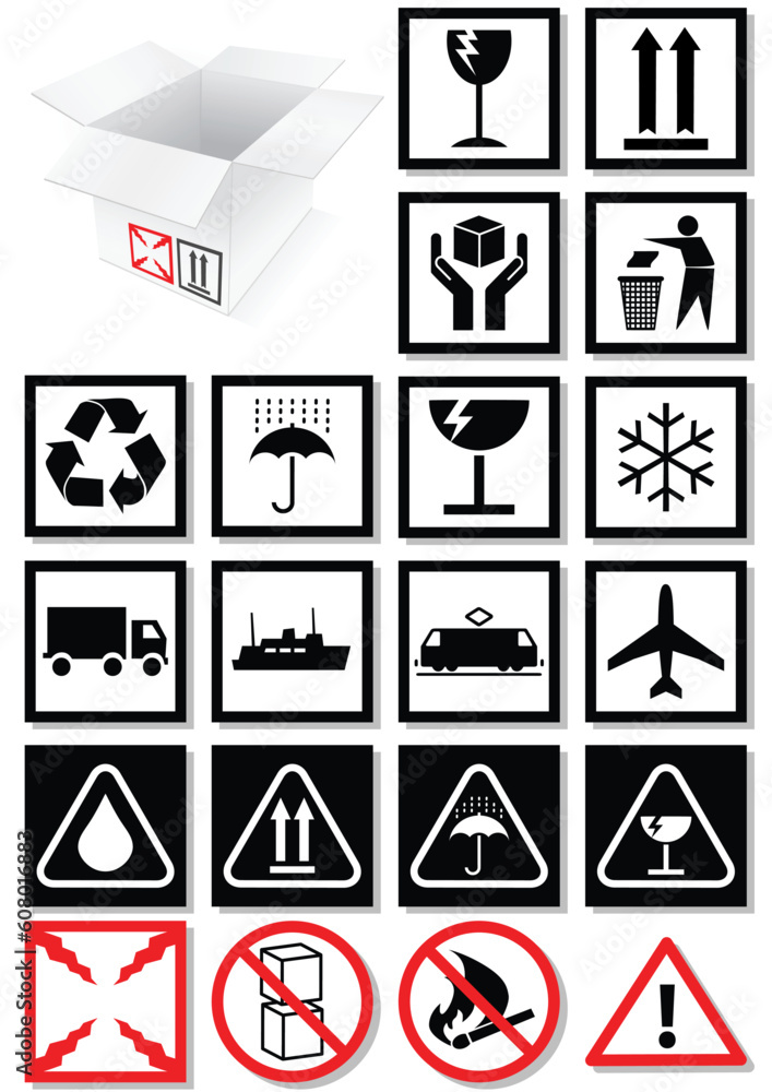 Vector illustration set of different packing symbols, e.g. fragile ...