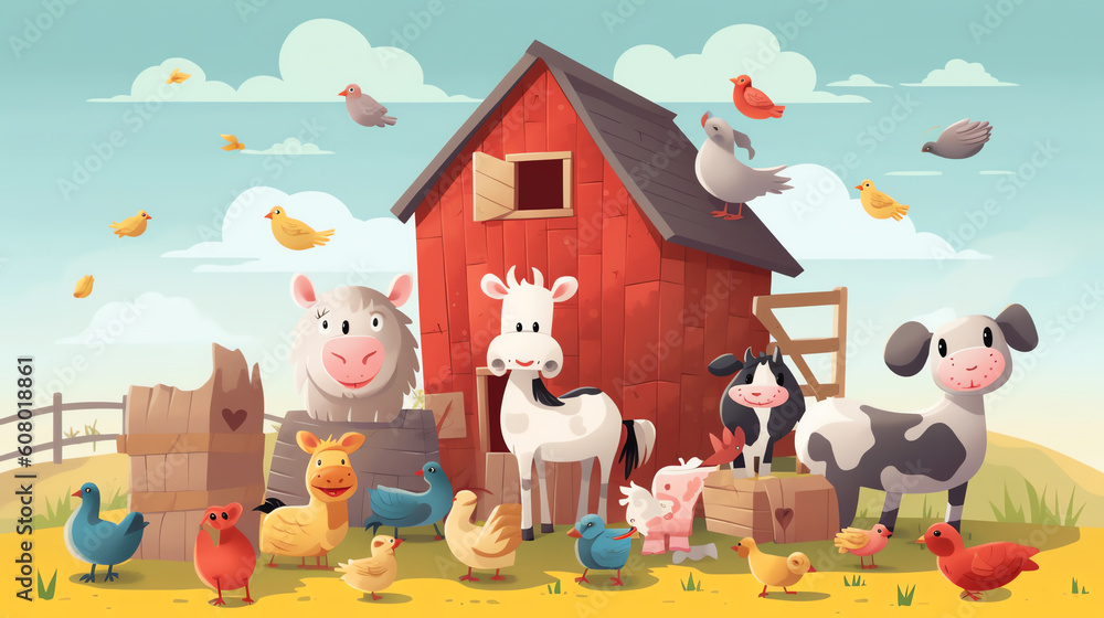 Generative AI Farm animals with landscape - cow, pig, sheep, horse ...