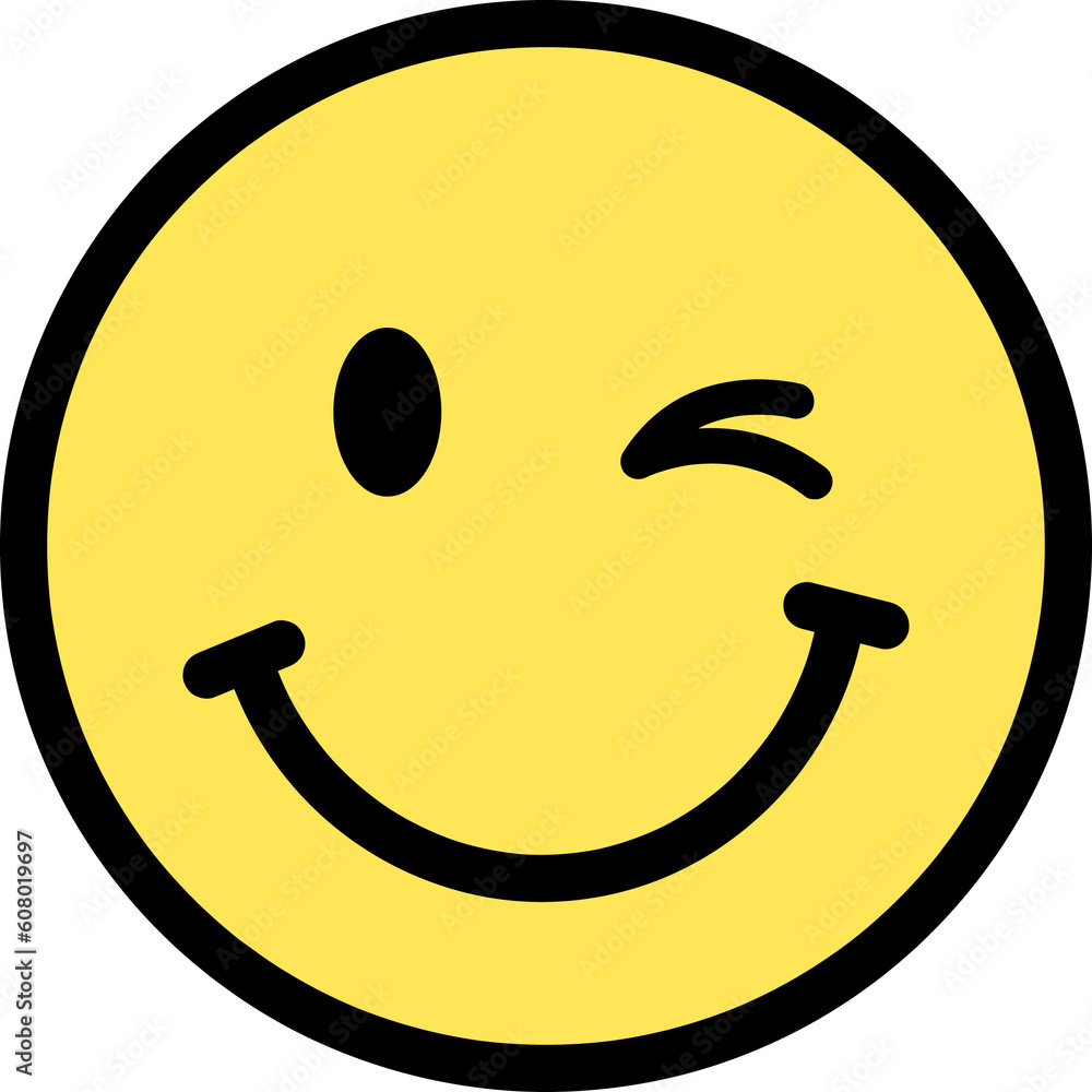 winking emoji sticker, yellow face with winking eye, black outline ...