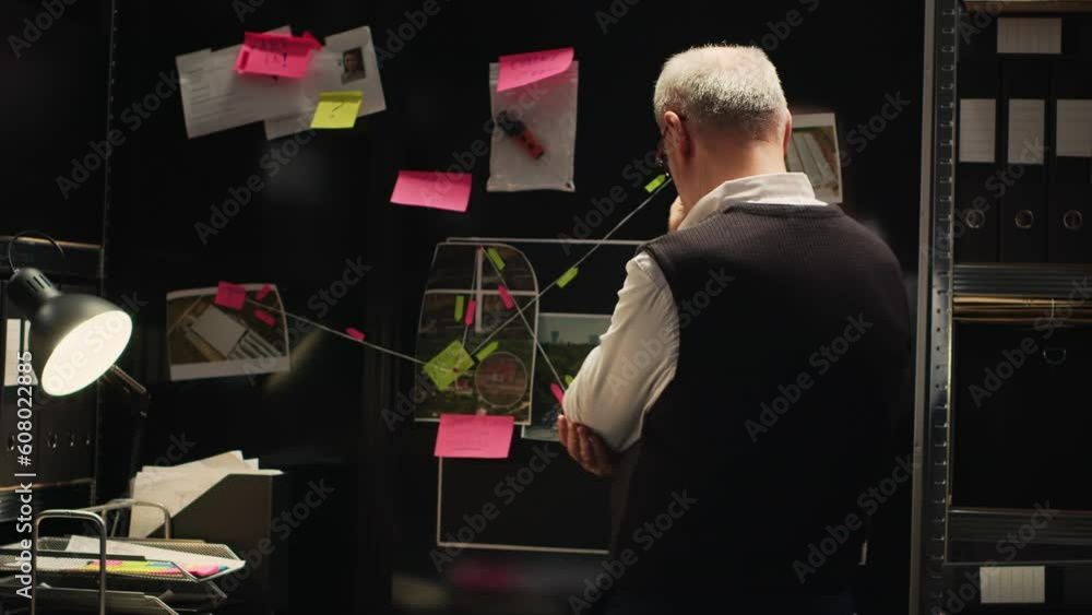 Private agent examine clues board to conduct criminal investigation ...
