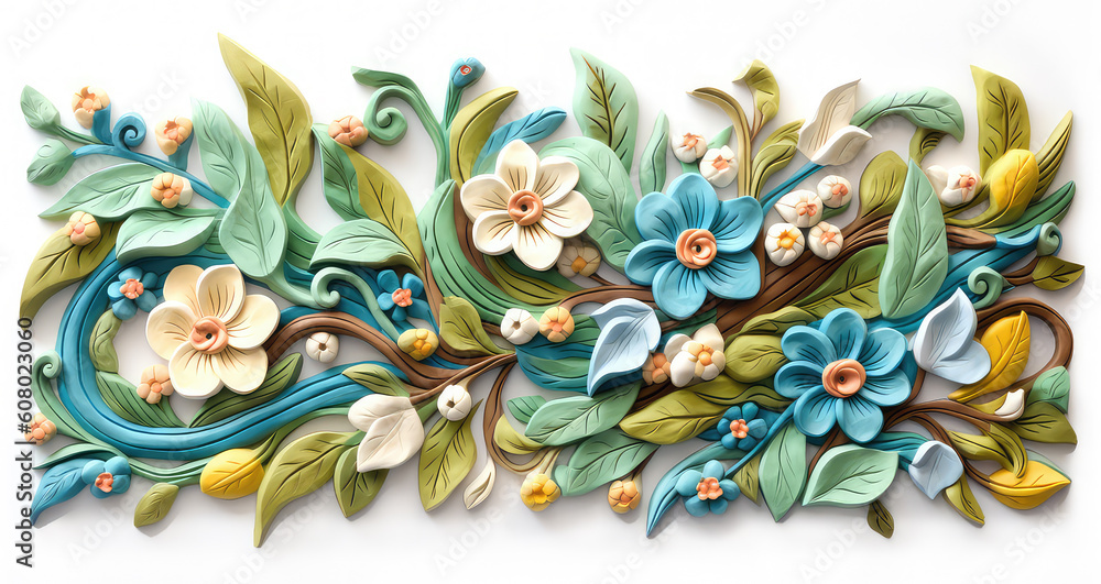 Painted wood carving, bas relief style floral design with carved wood ...