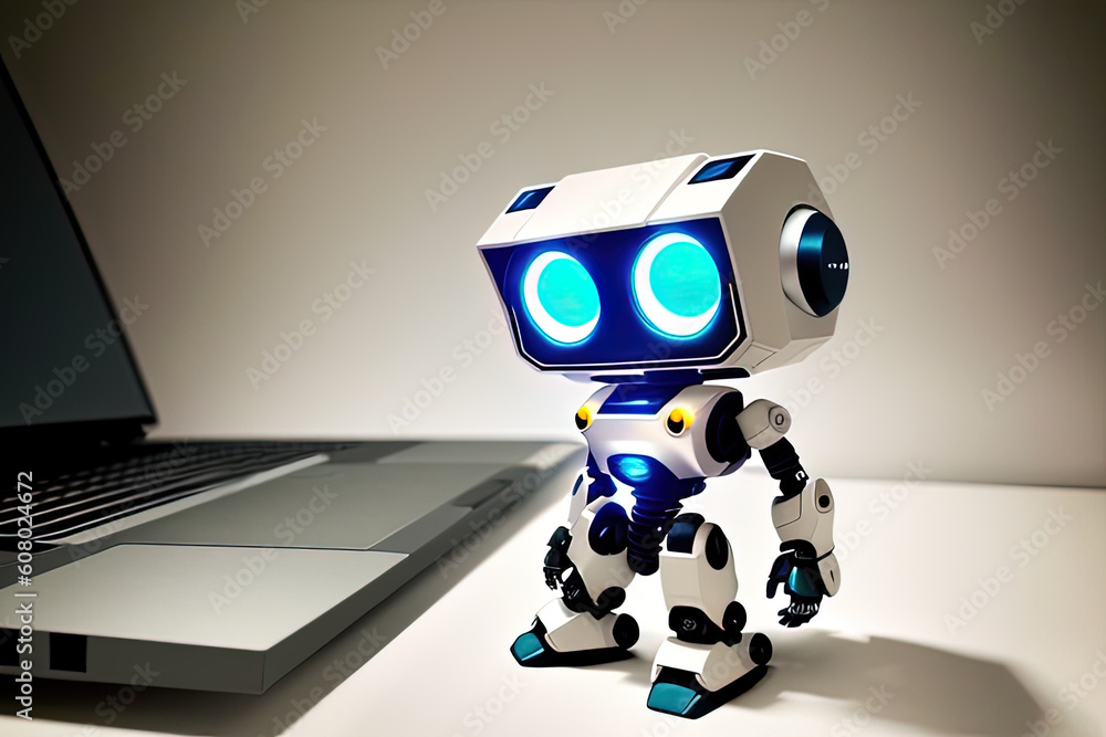 Cute realistic robot assistant works at the computer. The idea of ...