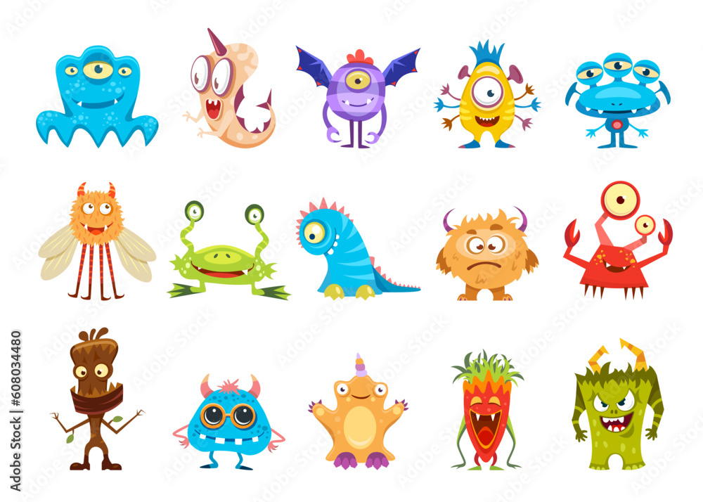 Fototapeta Cartoon cute funny monster characters and kids bizarre ...
