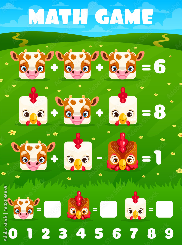 Rooster, hen and cow square animal faces. Math game worksheet. Vector ...