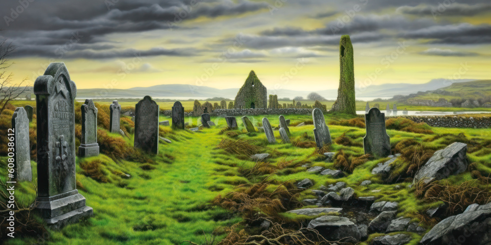 Moody Celtic landscape painting, cemetery, overcast sky, old stone ...