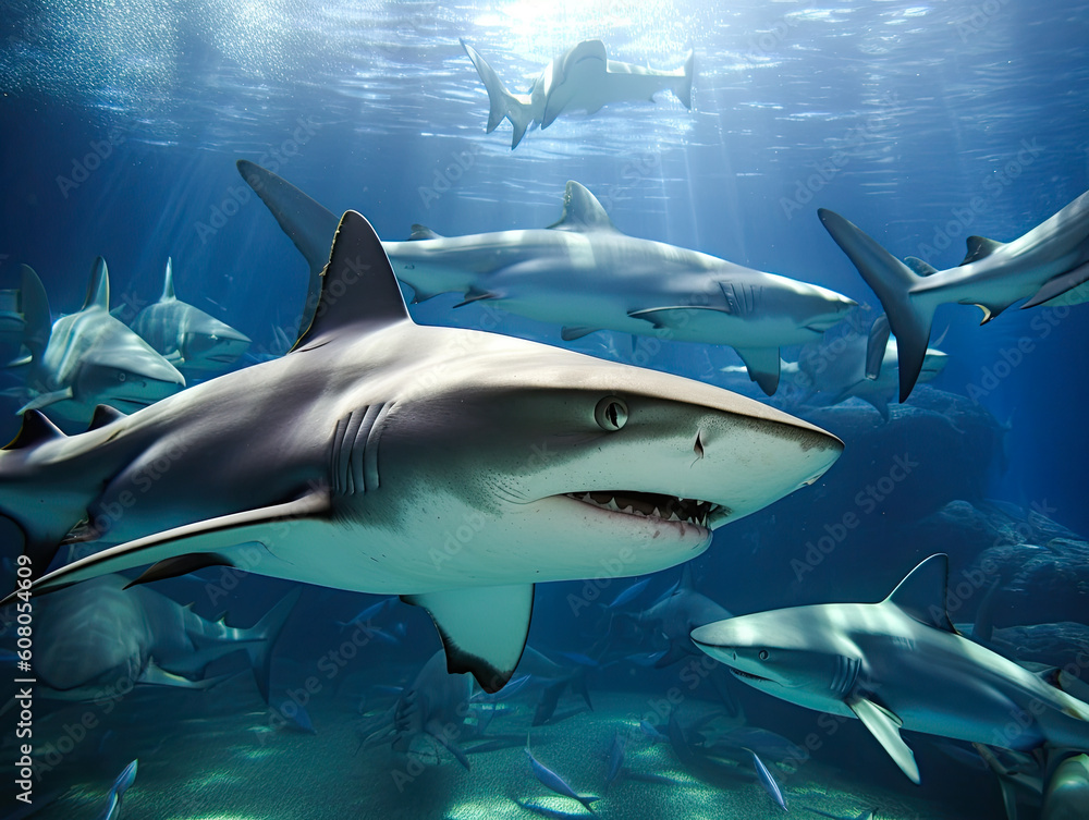 Tiger Shark Up Close Full Body Shot. Stripes showing in clear blue ...