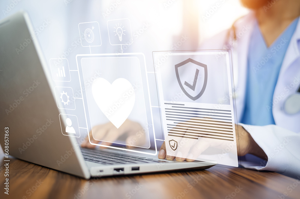 Documents concept, Doctor use computer connection server data base ...