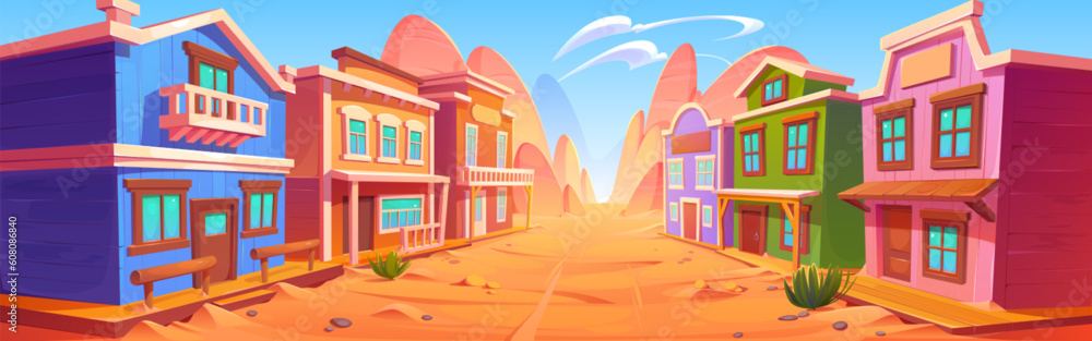 Wild west town street with old cowboy saloon building vector background ...