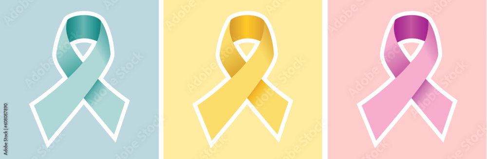 CANCER RIBBON SET in blue yellow and pink backgrounds. Symbols of ...