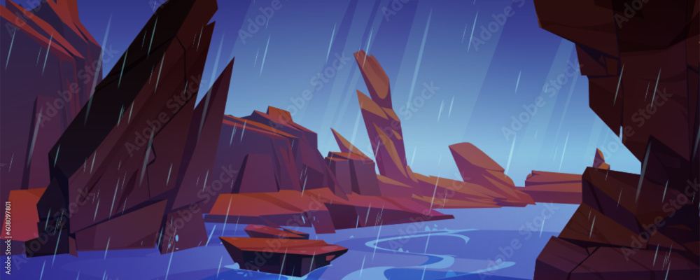 Heavy rain pouring over rocky canyon river. Vector cartoon illustration ...