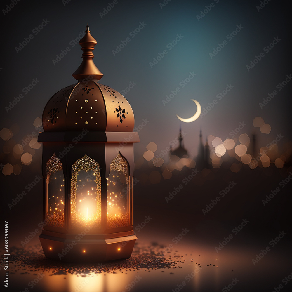 islamic background with moon lanterns and mosque for ramadan eid ul ...