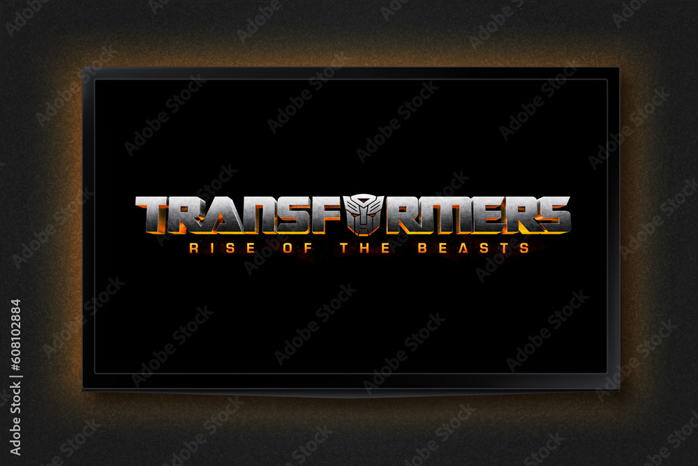Transformers Rise of the Beasts movie on TV screen. Moscow, Russia ...