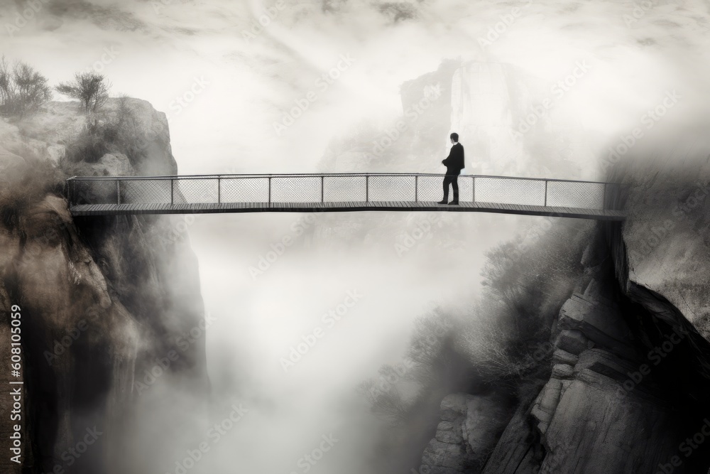 Businessman in a blindfold stepping off a cliff ledge with giant hand ...