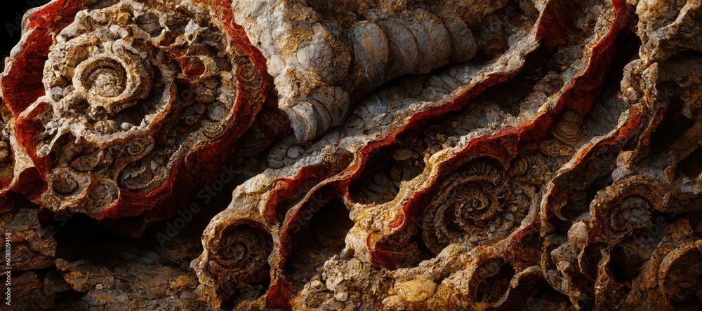 Fossilized ammonite sea shell spirals embedded into rustic brown red ...