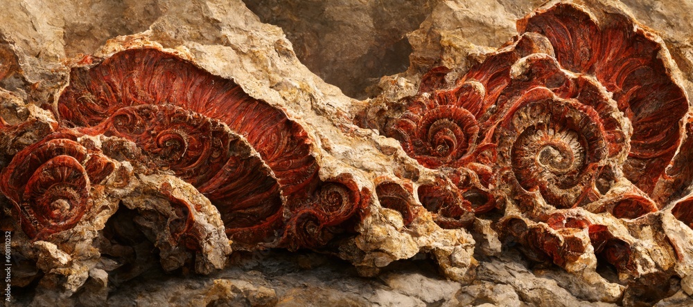 Fossilized ammonite sea shell spirals embedded into rustic brown red ...