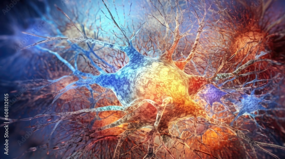 Neuron cells connect neurons with glowing link knots in the human brain ...