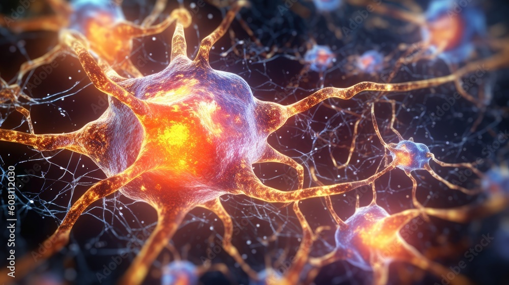 Neuron cells connect neurons with glowing link knots in the human brain ...