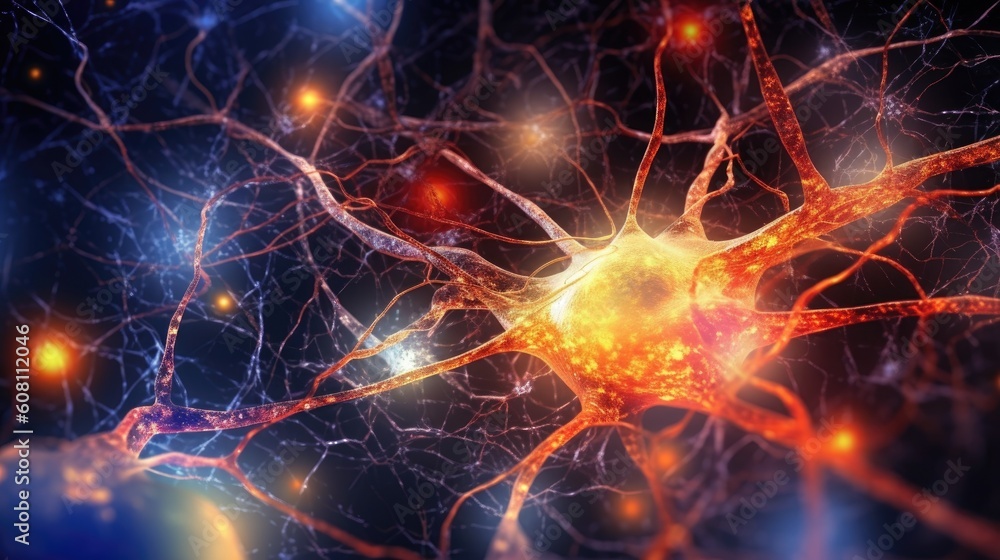 Neuron cells connect neurons with glowing link knots in the human brain ...