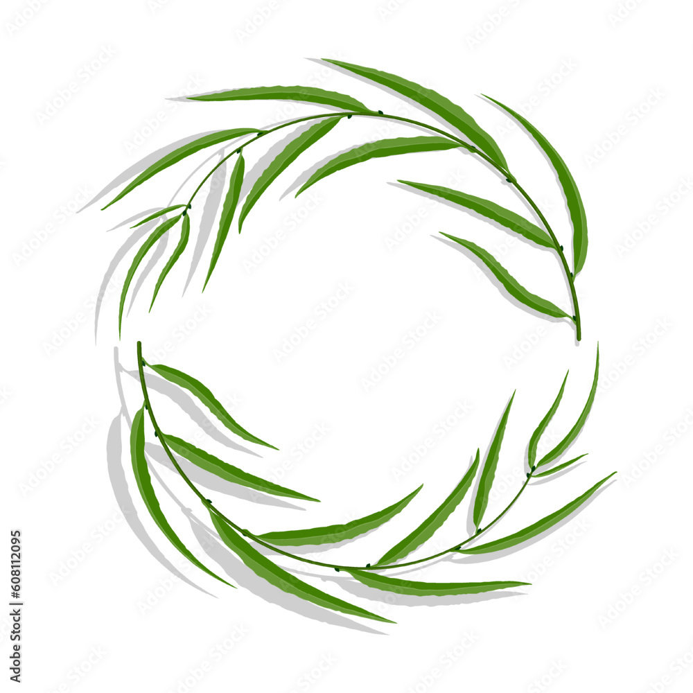 Willow tree frame with green leaves. Cartoon circle border for greeting ...