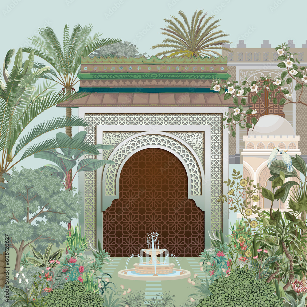 Decorative Arabian garden, palm tree, plant, bird, illustration for ...