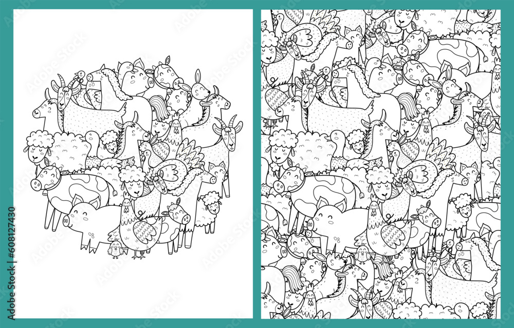 Cute farm animals coloring pages set. Doodle background with hen, cow ...